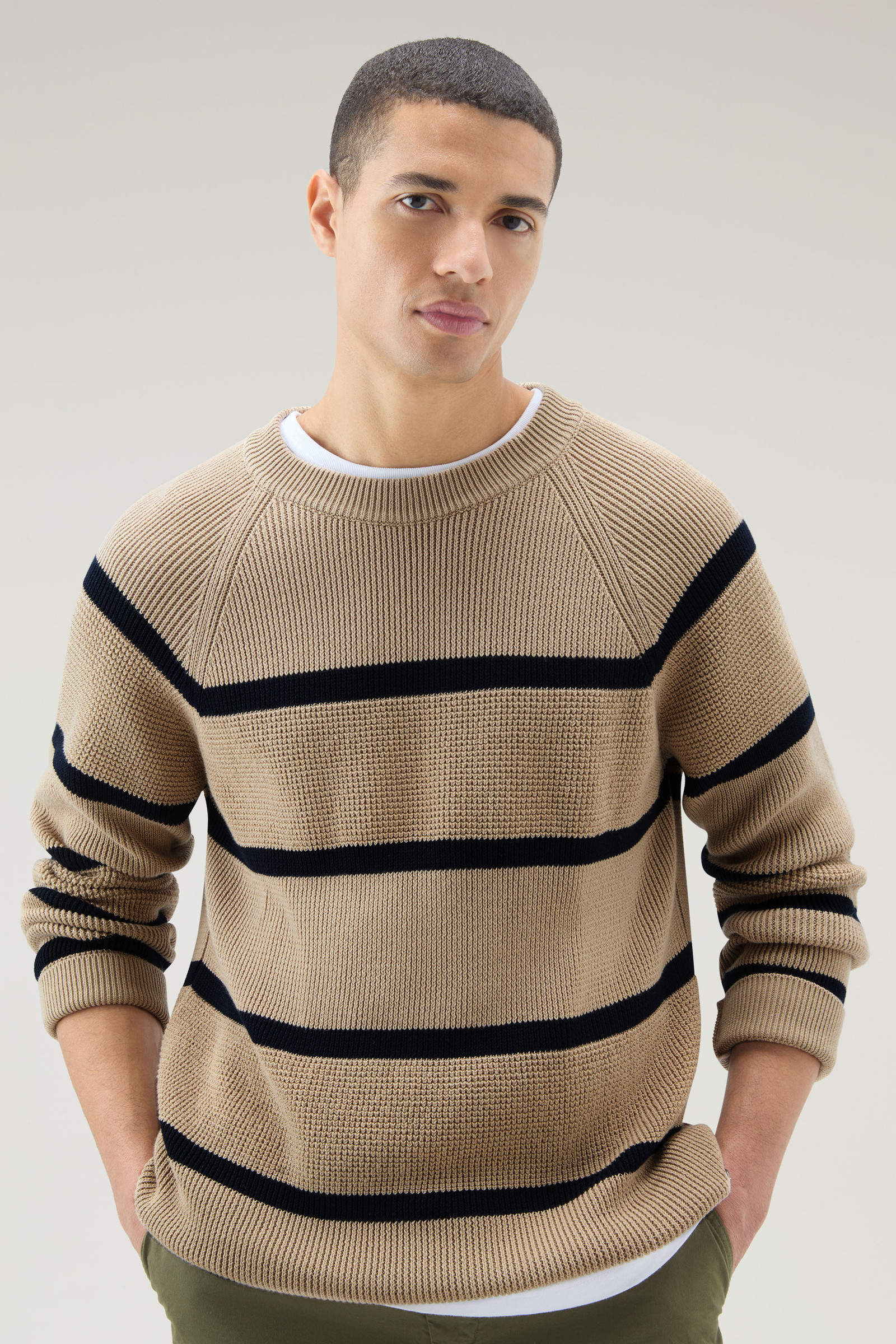 Men's Striped Crewneck Sweater in Pure Cotton Beige | Woolrich USA