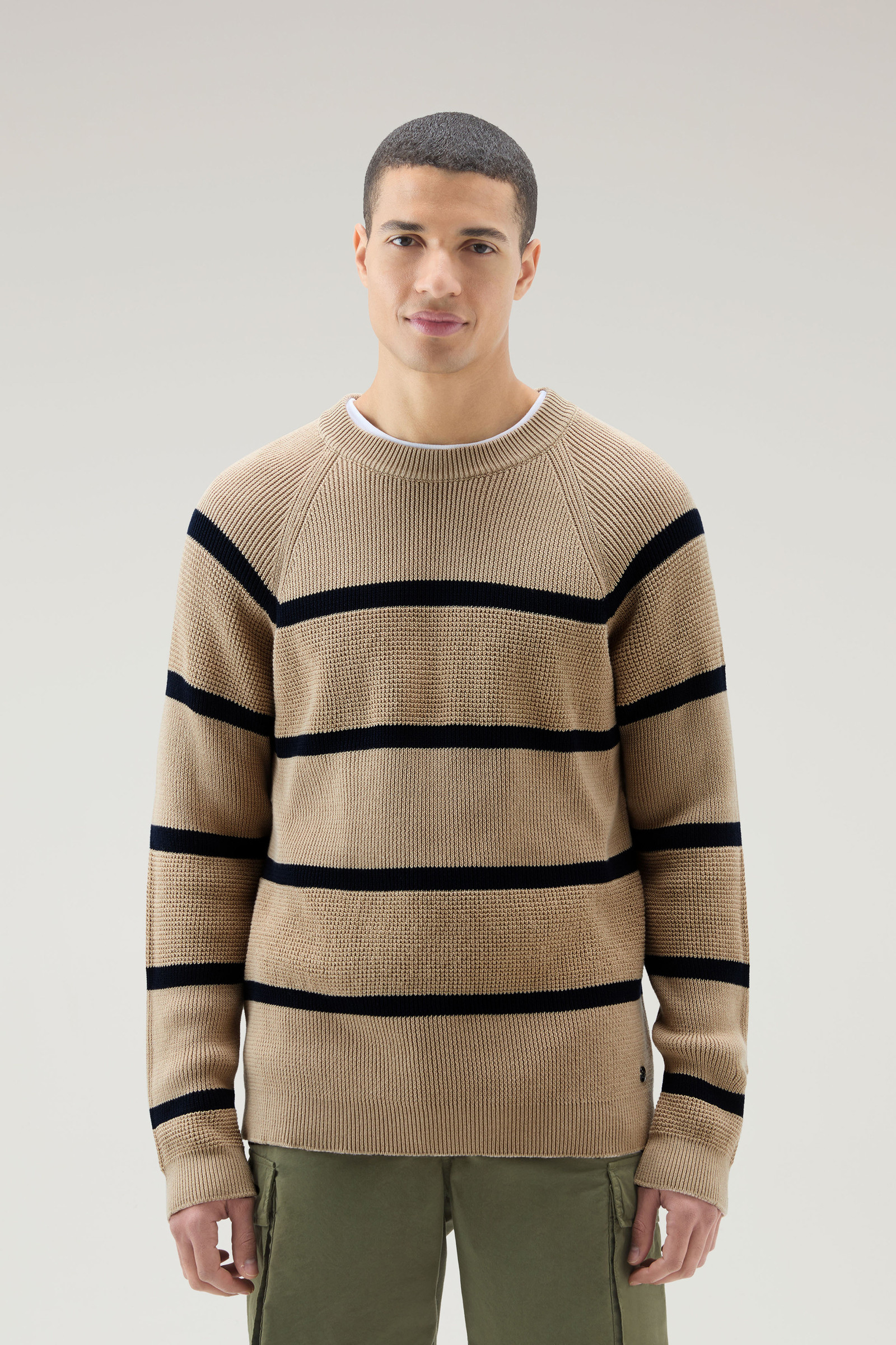 Men's Striped Crewneck Sweater in Pure Cotton Beige | Woolrich USA
