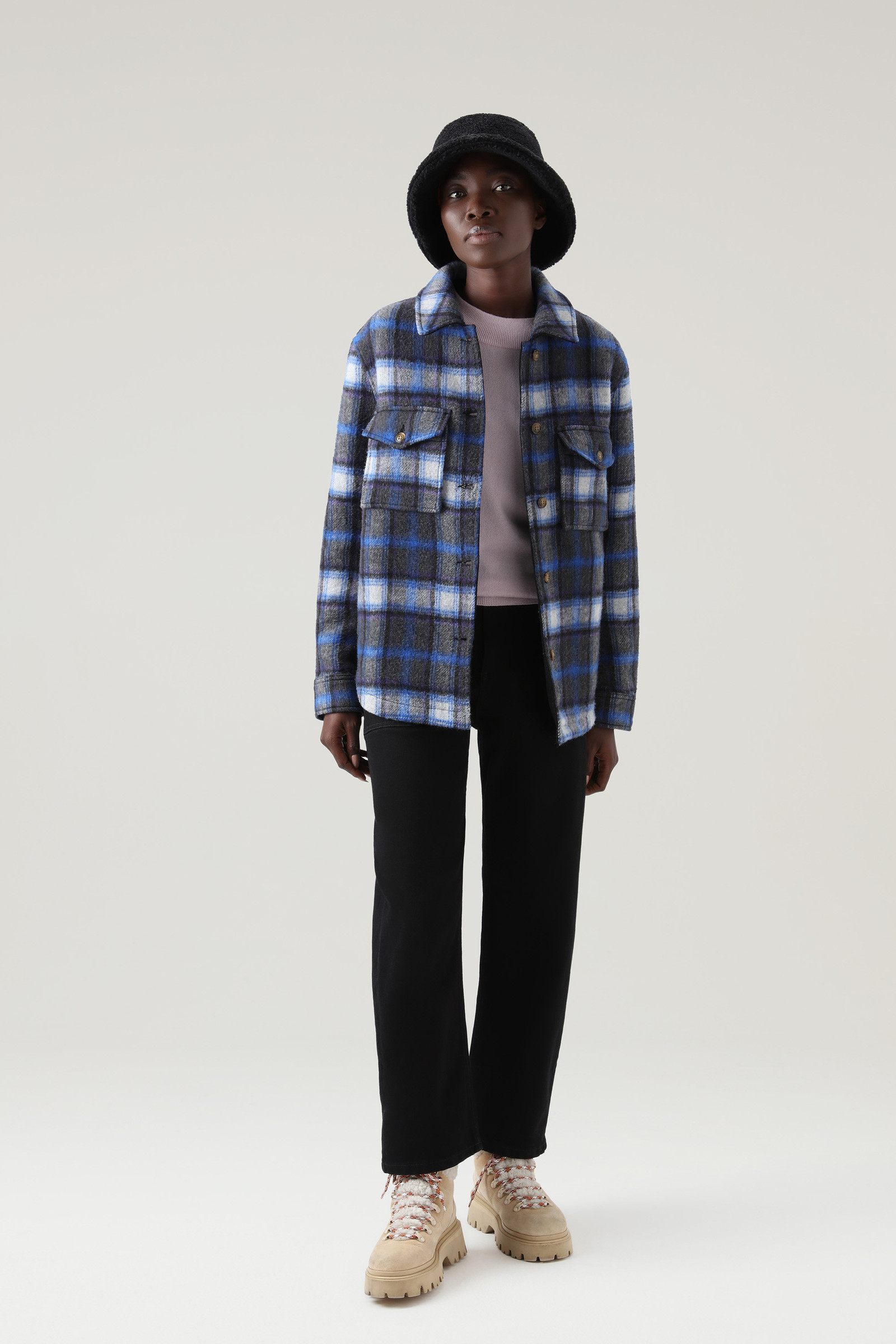 Women's Pemberton Check Overshirt in Wool Blend Flannel Blue | Woolrich USA