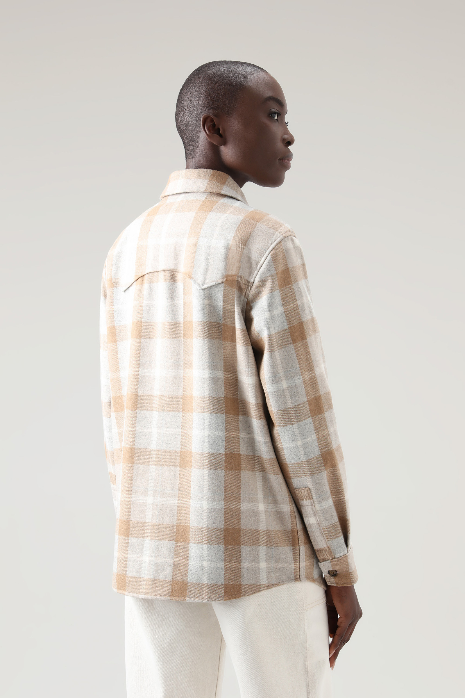Women's Western Check Overshirt in Wool Blend Flannel Beige | Woolrich USA
