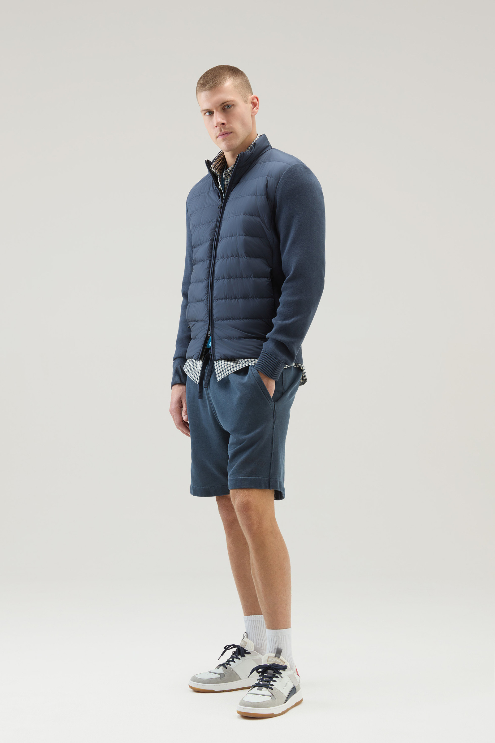 Men's Sundance Hybrid Bomber Jacket in Microfibre and Cotton Knit Blue ...